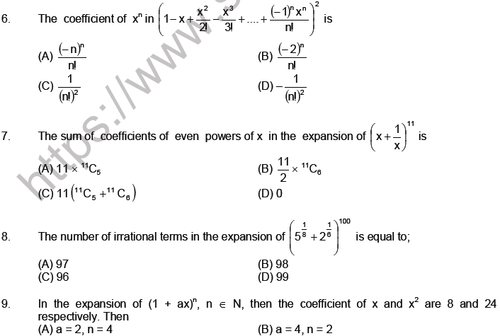 JEE Mathematics Binomial Theorem MCQs Set C with Answers
